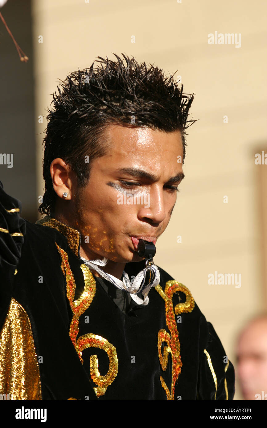 Man blowing the whistle in the yearly carnival in Nykoping Sweden Stock ...