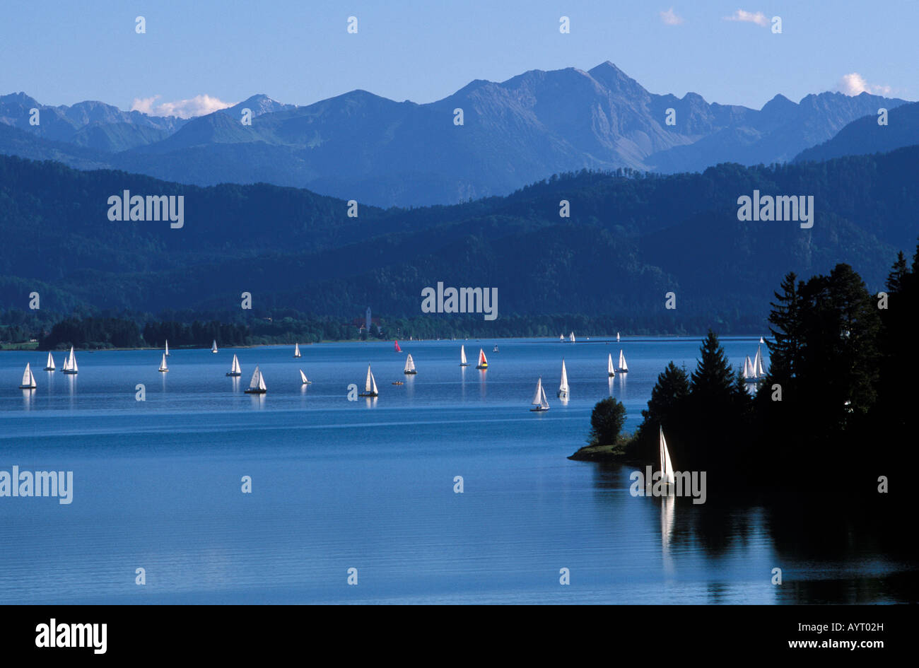Forggensee Lake and mountains, Tannheim, East Allgaeu, Bavaria, Germany ...
