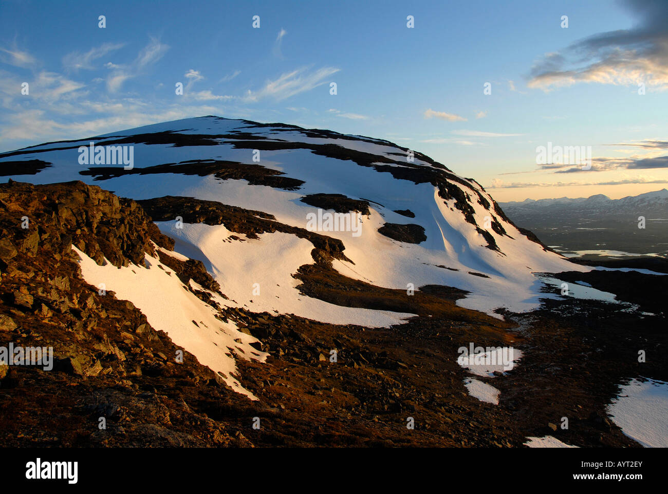 Melting snow on a mountain, lonely fell landscape, Abisko National Park ...