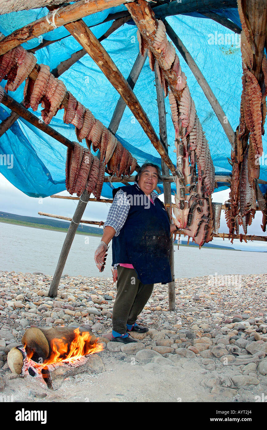 Elder Inuit woman with dried fish in smoke tent Stock Photo - Alamy