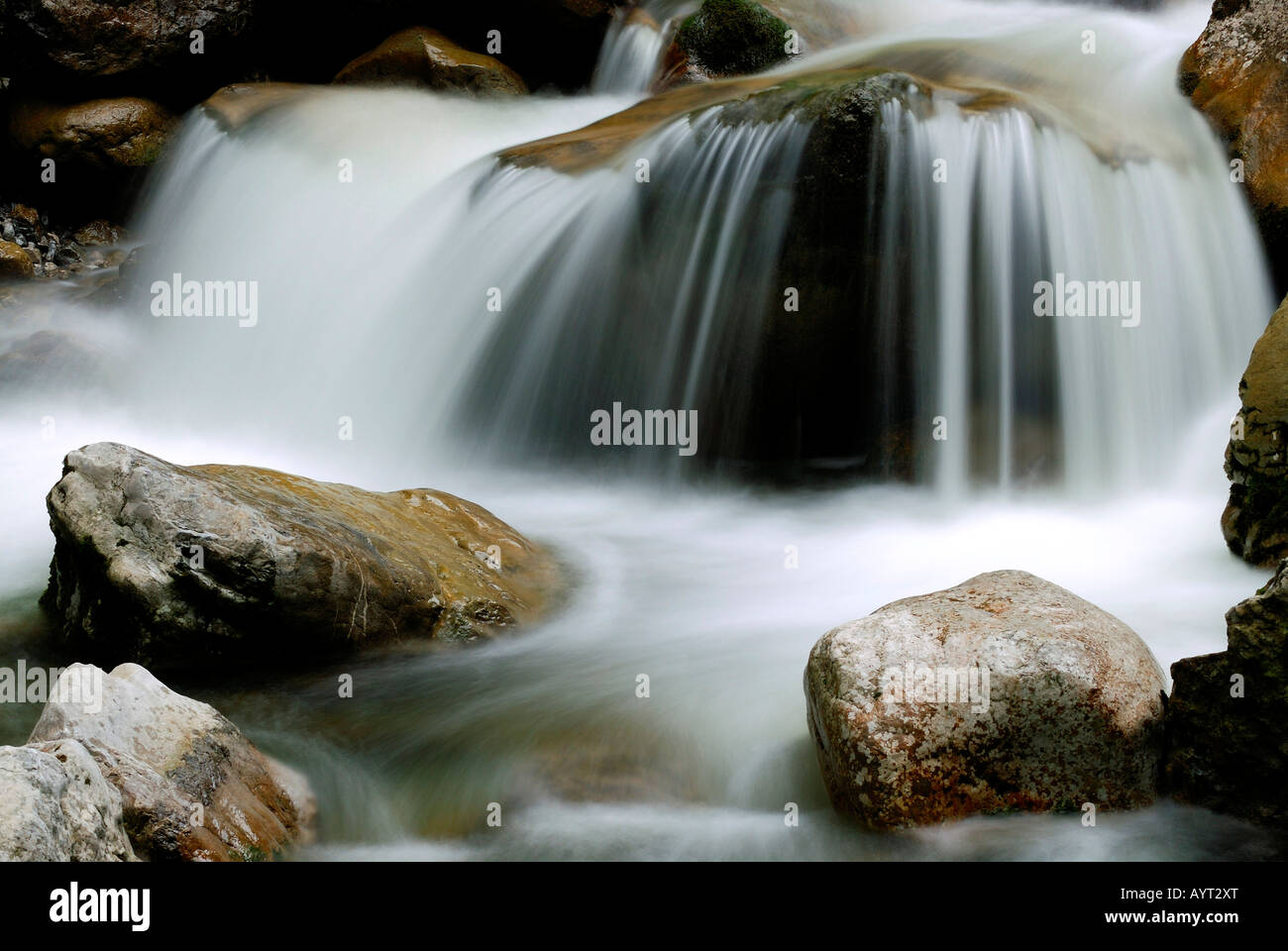 Water spray over rocks, Kuhflucht Falls, Farchant, Bavaria, Germany ...