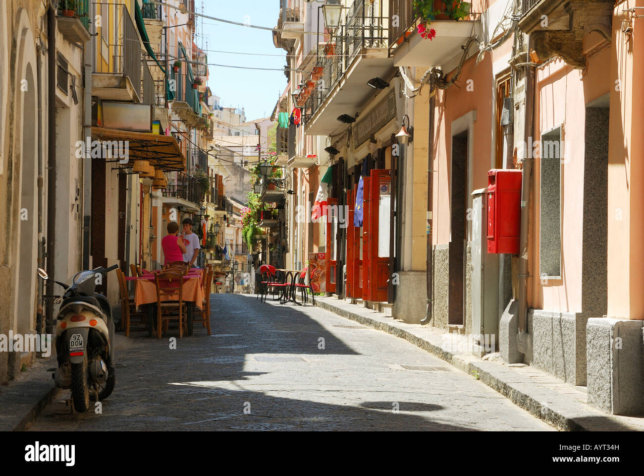 Shops along a narrow street in the village of Pizzo, Calabria, Southern ...