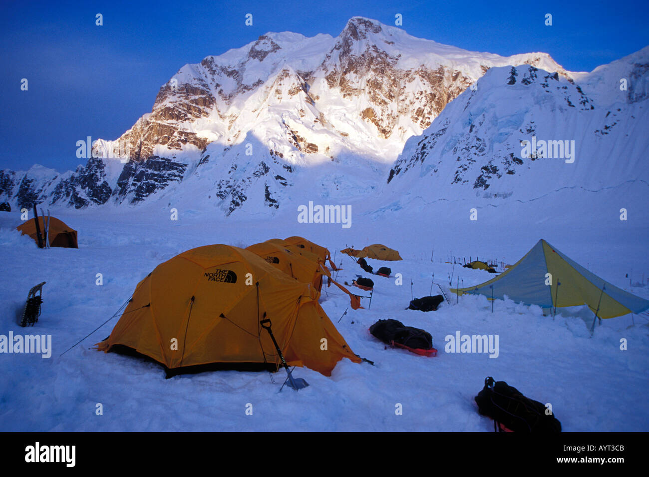 Mount Hunter Alaska with the tents of Kahiltna Base Camp USA Stock ...