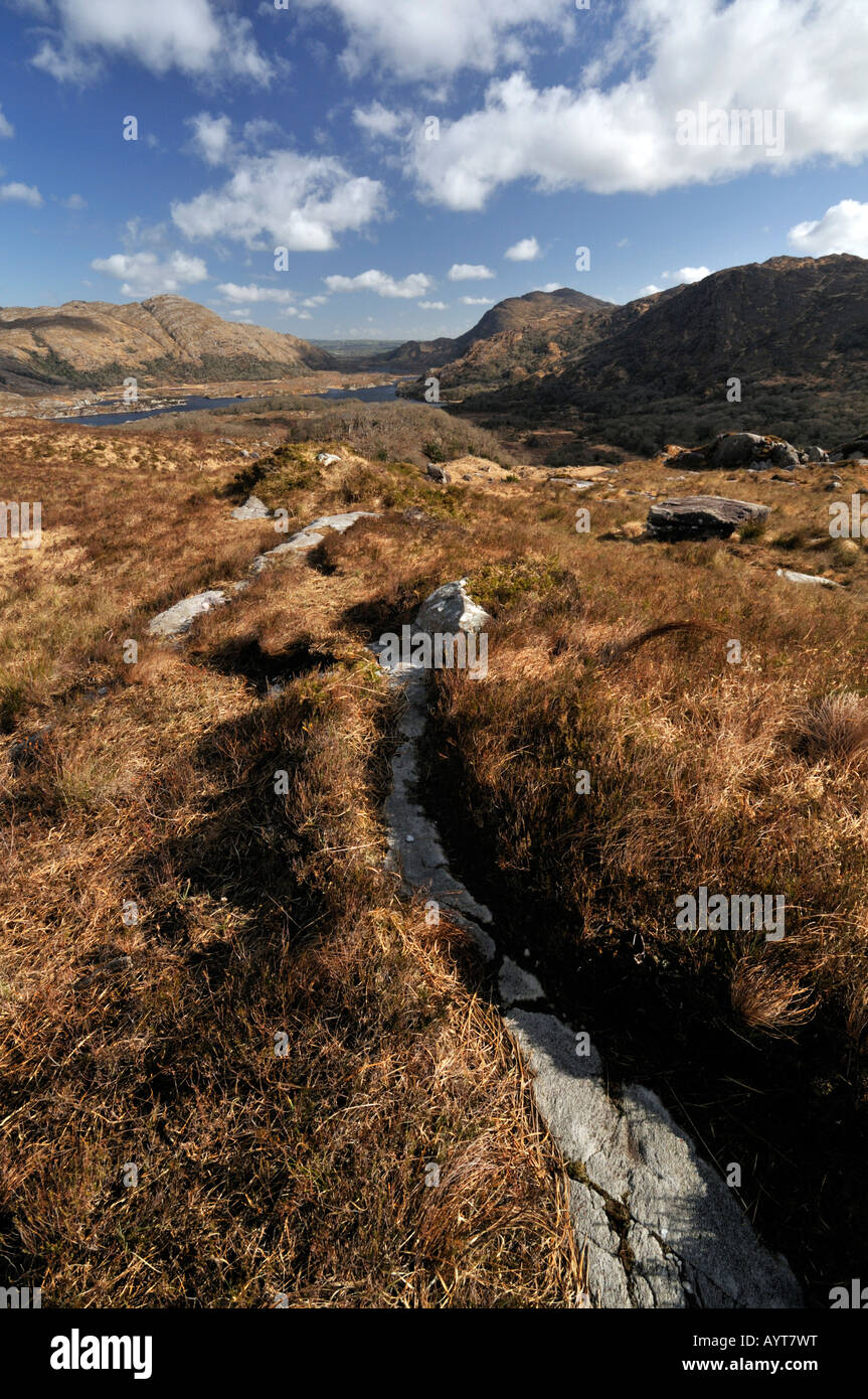 Distant view of The Upper Lake Killarney blue sky white clouds ring of ...