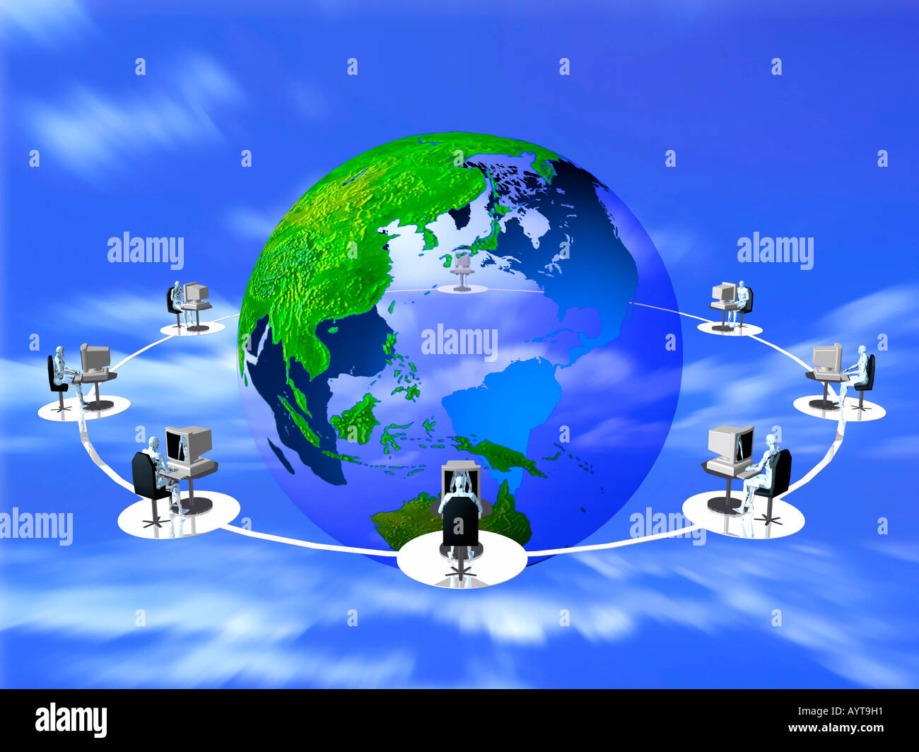 Transparent Earth surrounded by network of computers on top of ...