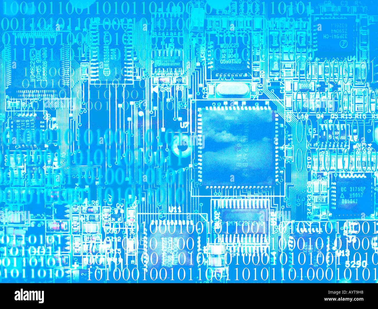 Blended close up image of computer chip with binary numbers Stock Photo ...