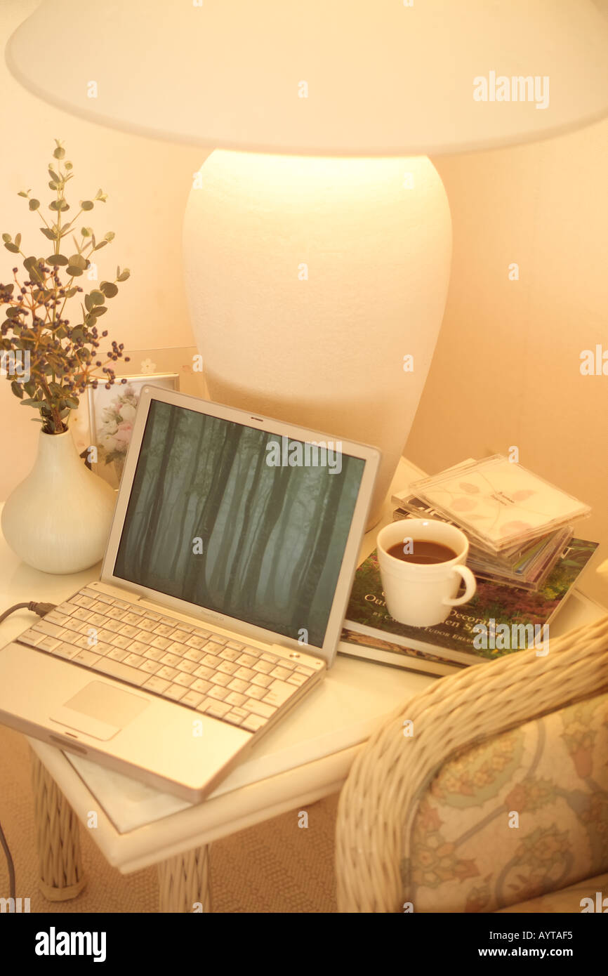 corner table with laptop computer and lamp Stock Photo - Alamy