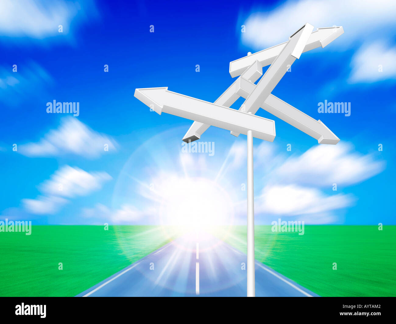 Four arrows pointing while driving into the light Stock Photo - Alamy