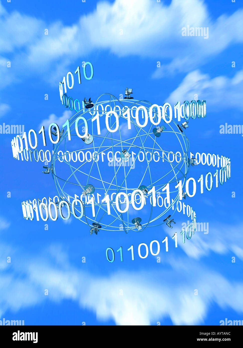 Binary numbers around a network structure against the blue sky Stock ...