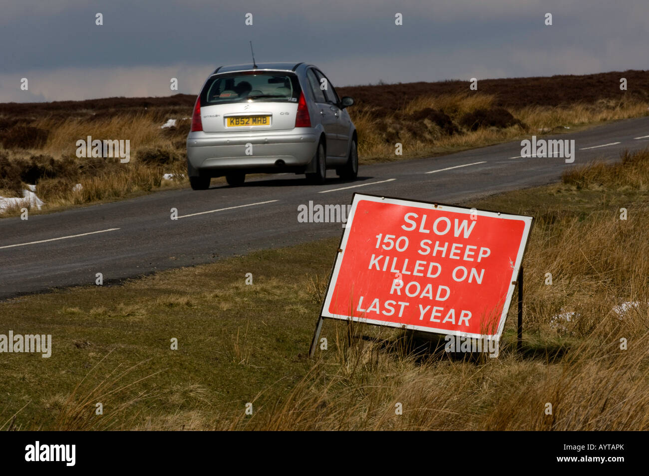Warning sign on a road over the North Yorkshire Moors warning motorists ...
