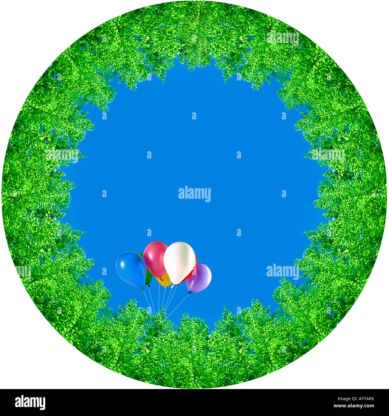 Circular figure of trees and the sky with colorful balloons Stock Photo ...