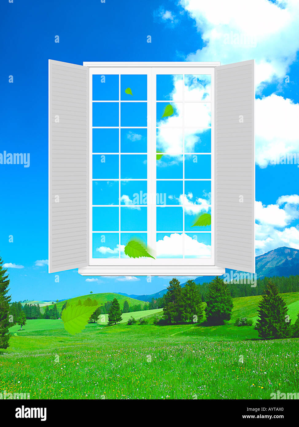 Open window on a green field background Stock Photo - Alamy