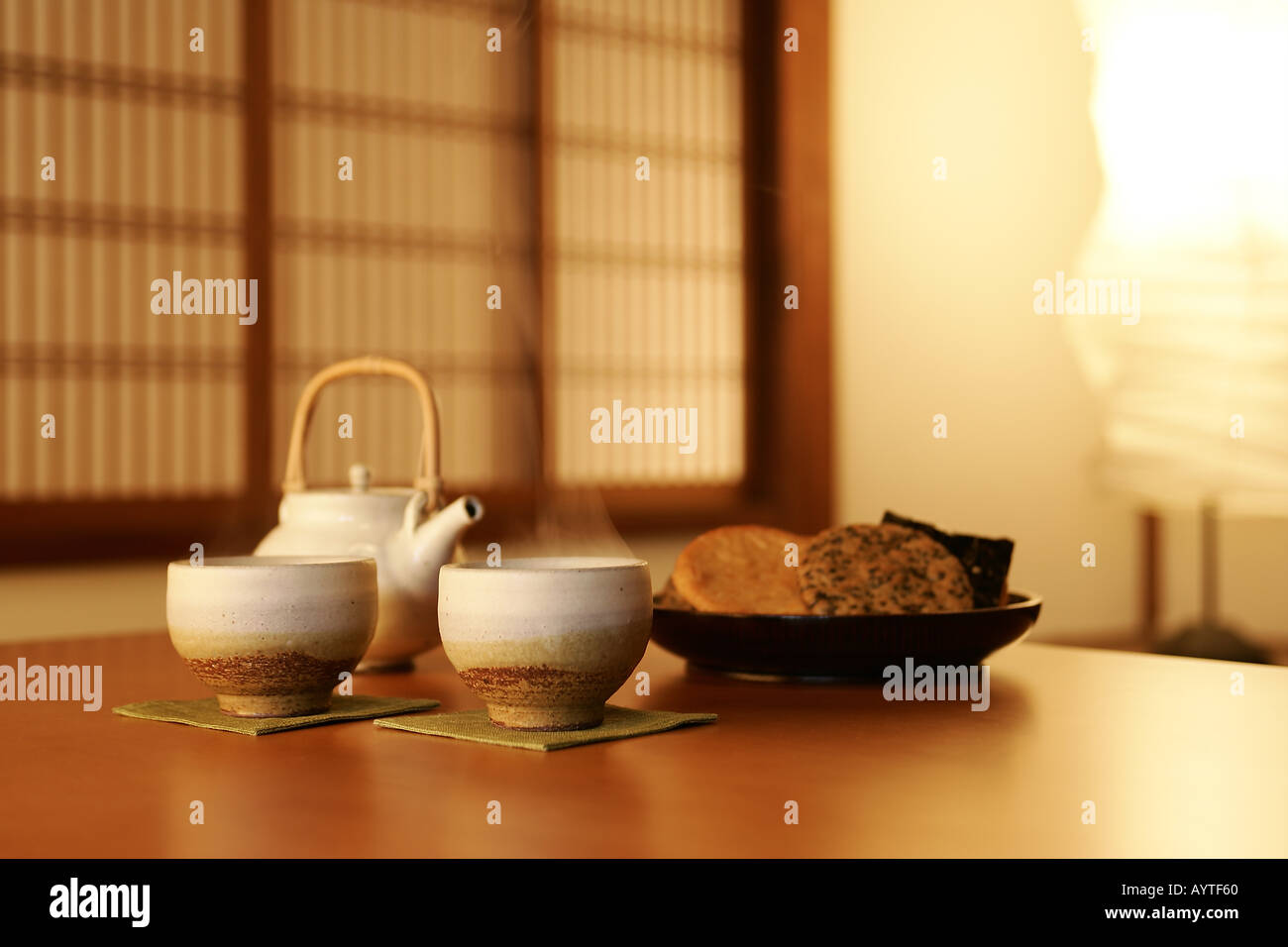 Japanese style tea set and rice cracker on a table Stock Photo - Alamy