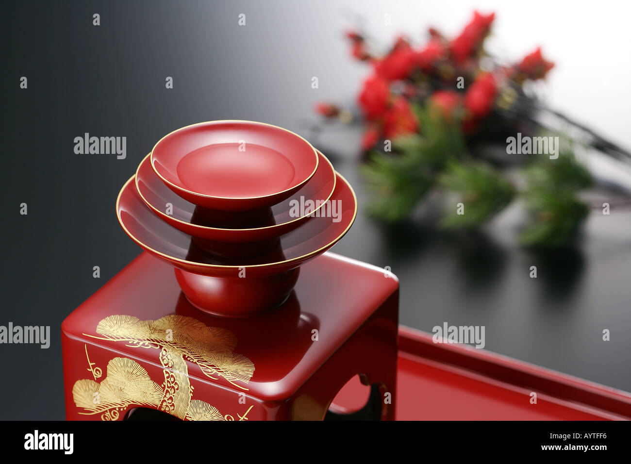 Lacquer ware tass set with a black background Stock Photo - Alamy