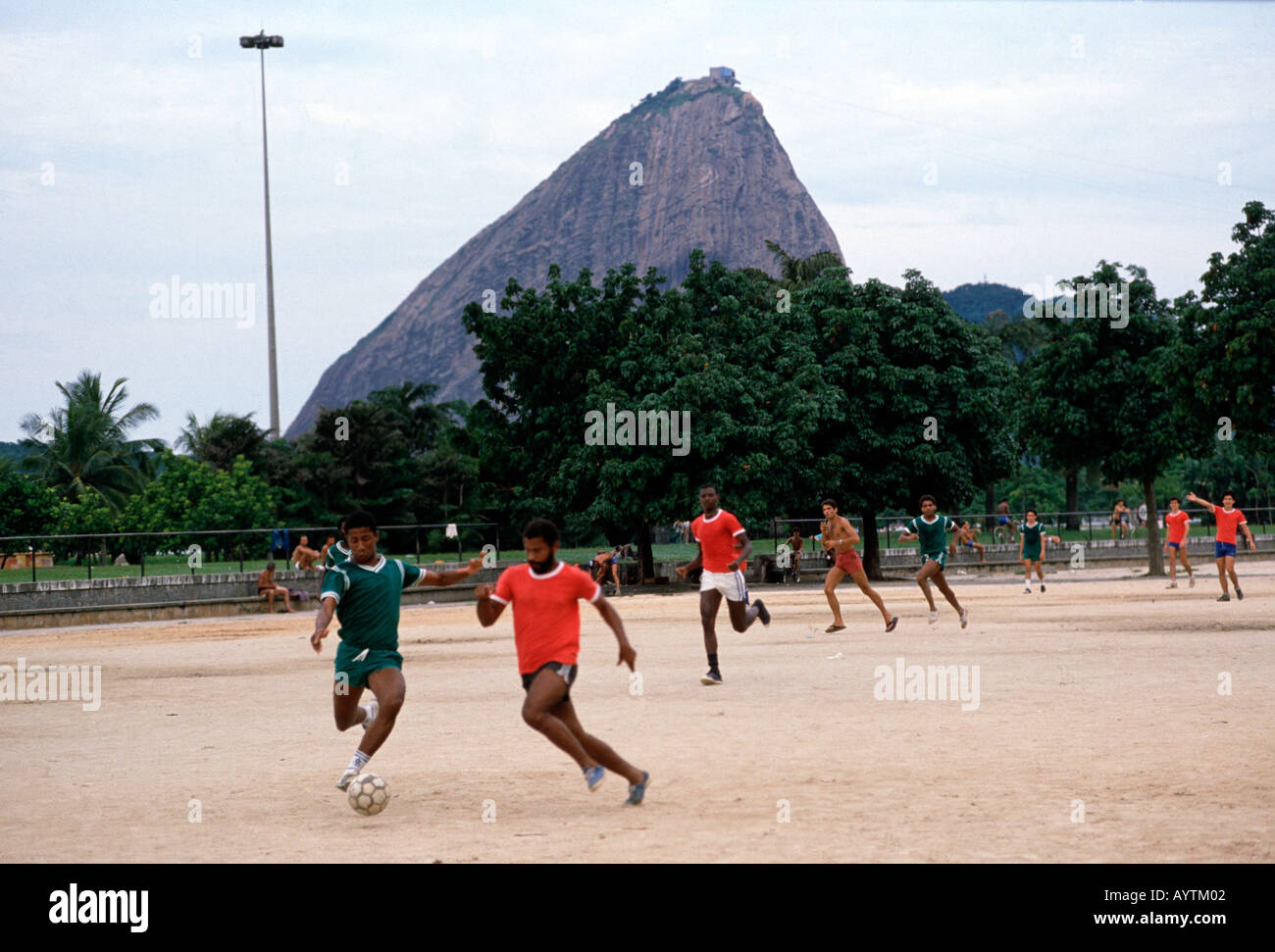 Brazil, BR-Rio de Janeiro, youth playing football at the Sugar Loaf ...
