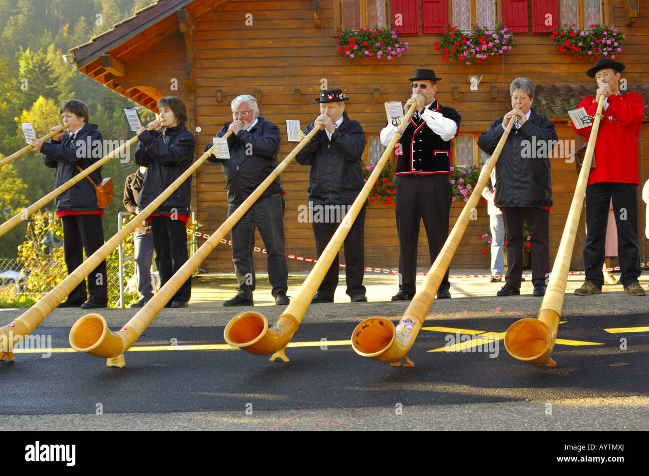 Swiss alphorn players Stock Photo - Alamy