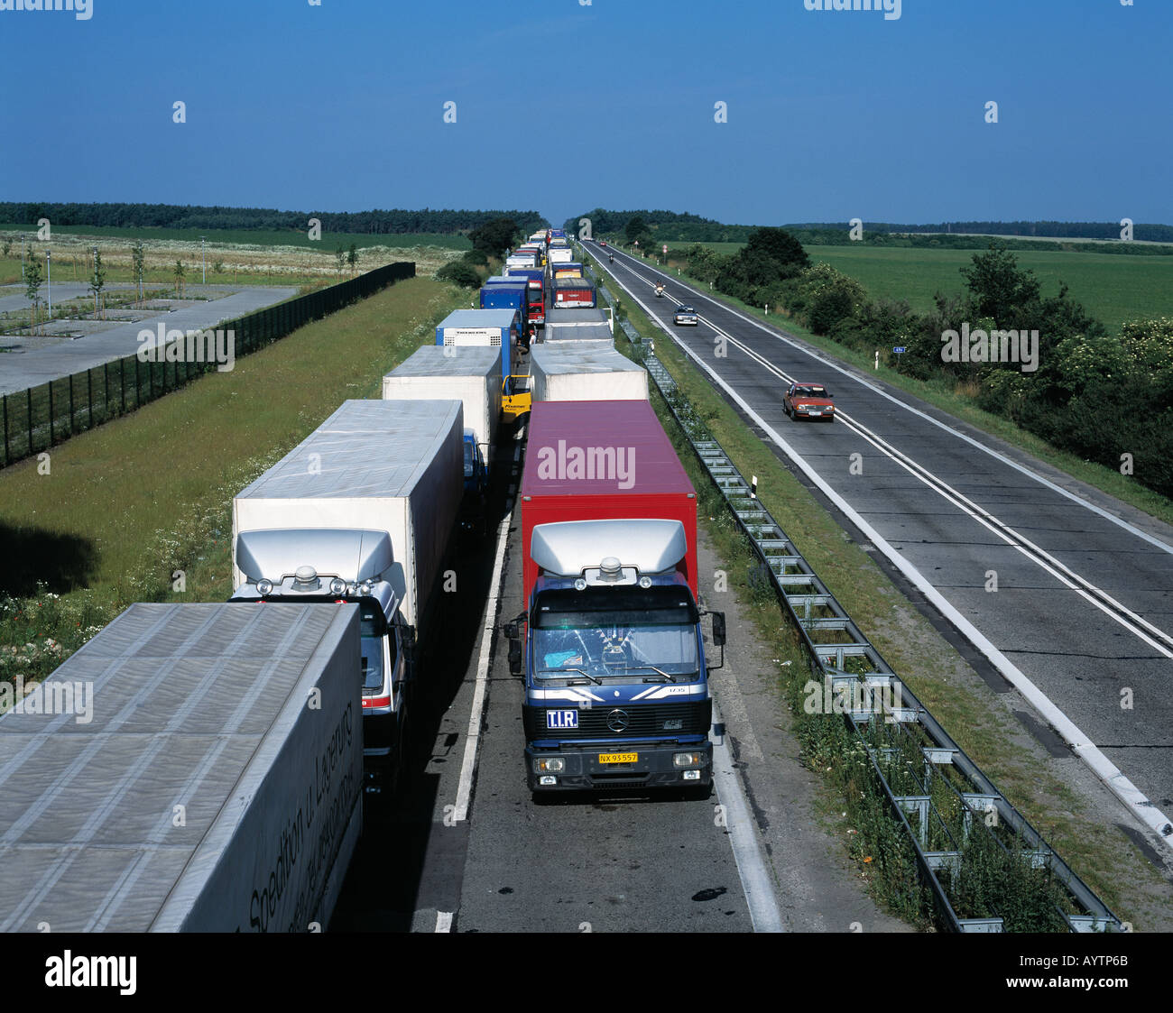 motorway A12, truck traffic jam, border crossing point Germany Poland ...
