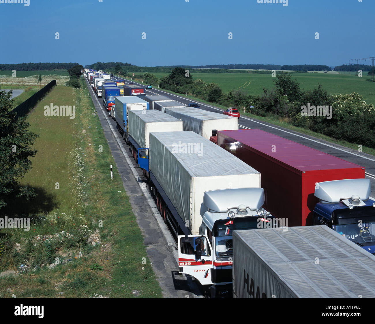 motorway A12, truck traffic jam, border crossing point Germany Poland ...
