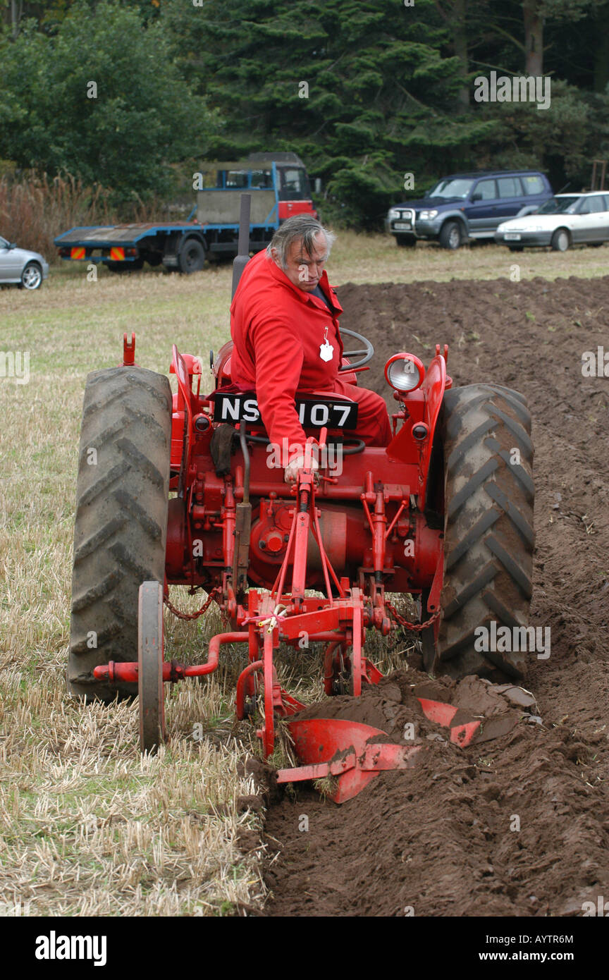 Ploughing at a ploughing competition using a vintage tractor and two ...