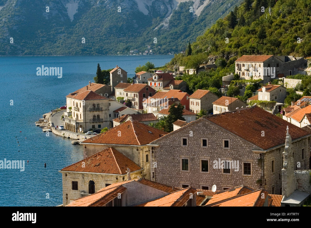 View of the medieval town of Perast and mountains in the Unesco ...