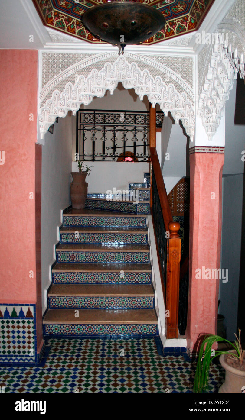 Moroccan riad, interior stairway of riad Jnane Mogador, Marrakech ...
