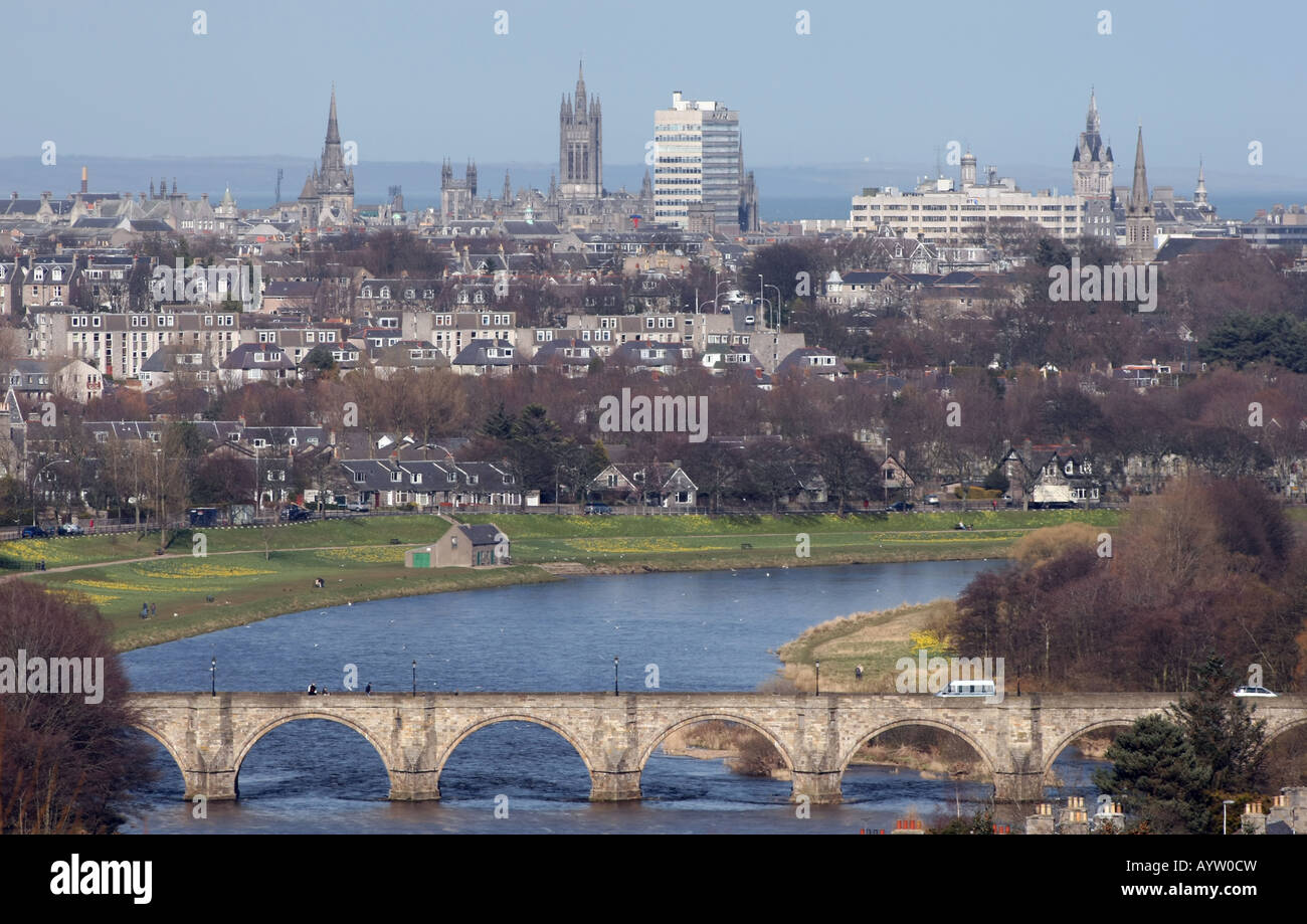 The Bridge of Dee over the River Dee with the oil rich city of Aberdeen ...