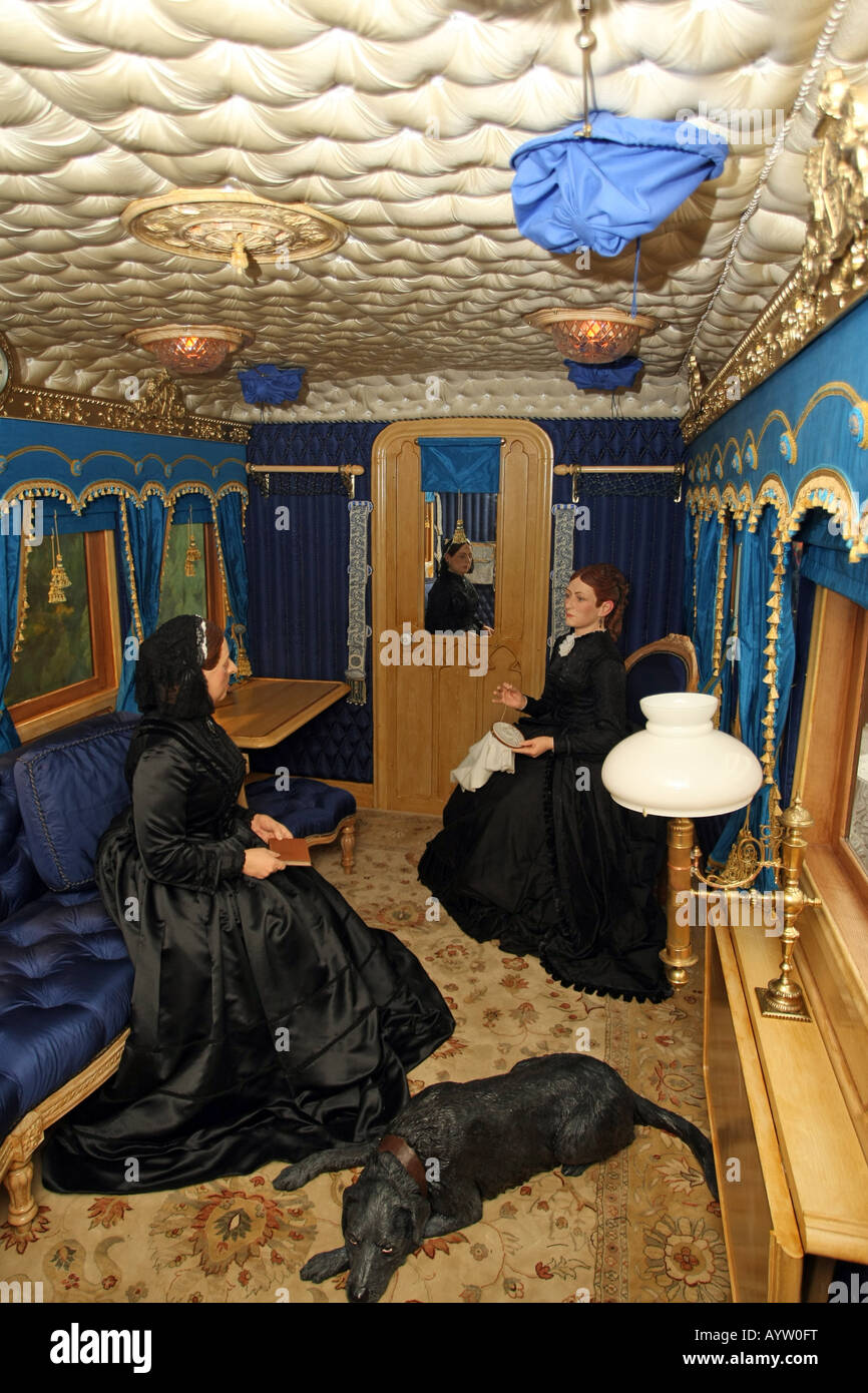 Interior of the replica of Queen Victoria's rail carriage, which now ...