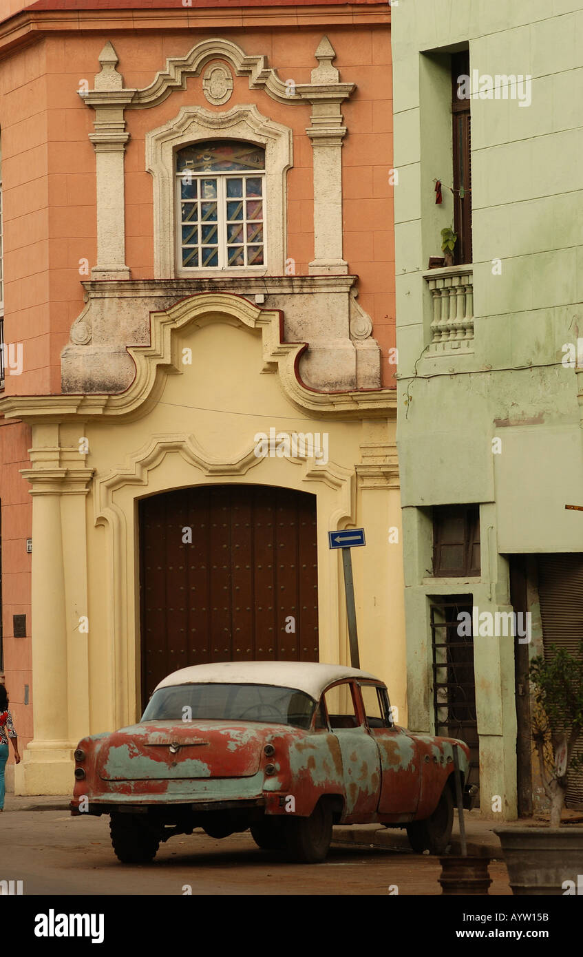 Rear view of an antique car parked outside a building Havana Cuba Stock ...