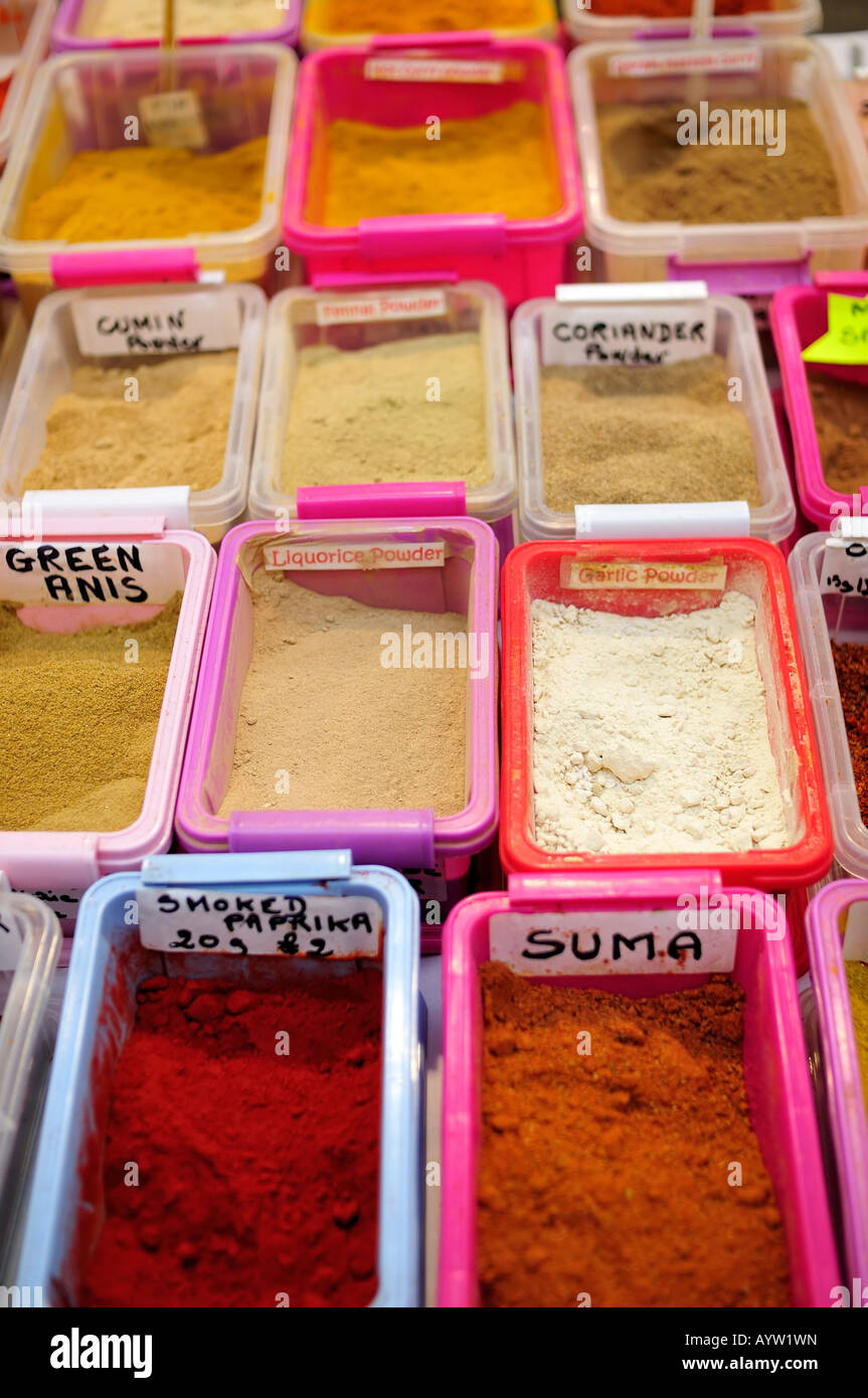 Selection of spices at indoor farmers market Stock Photo - Alamy