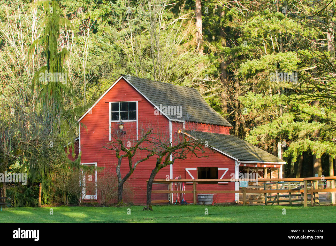 Red barn in late afternoon light at Farrel McWhirter Park in Seattle ...