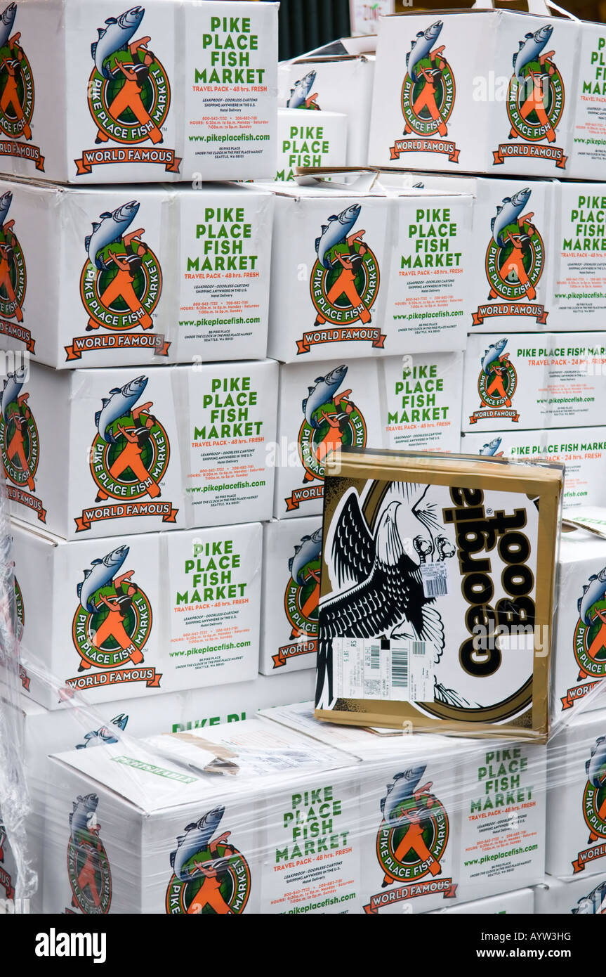Stacked boxes for Pike Place Fish Market at Pike Place Market in ...