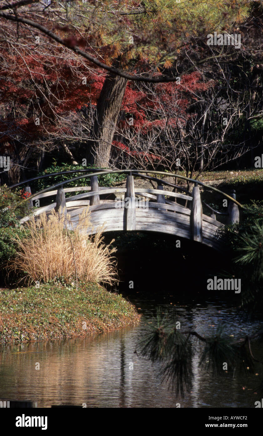 Weathered wooden arched Japanese style bridge reflected still waters ...