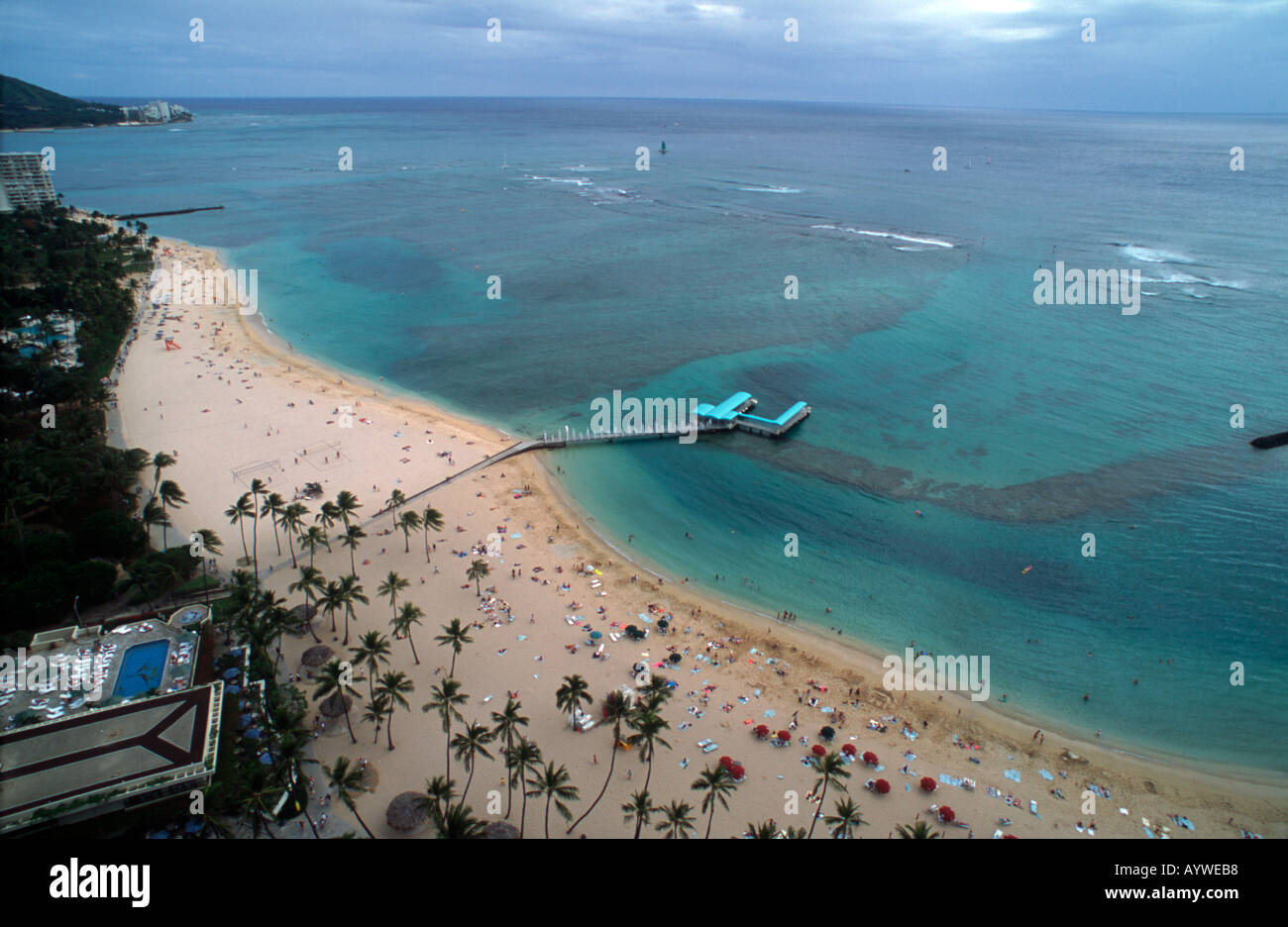 Aerial View Of Waikiki Beach Oahu Hawaii Palm Trees Sand Pier Blue
