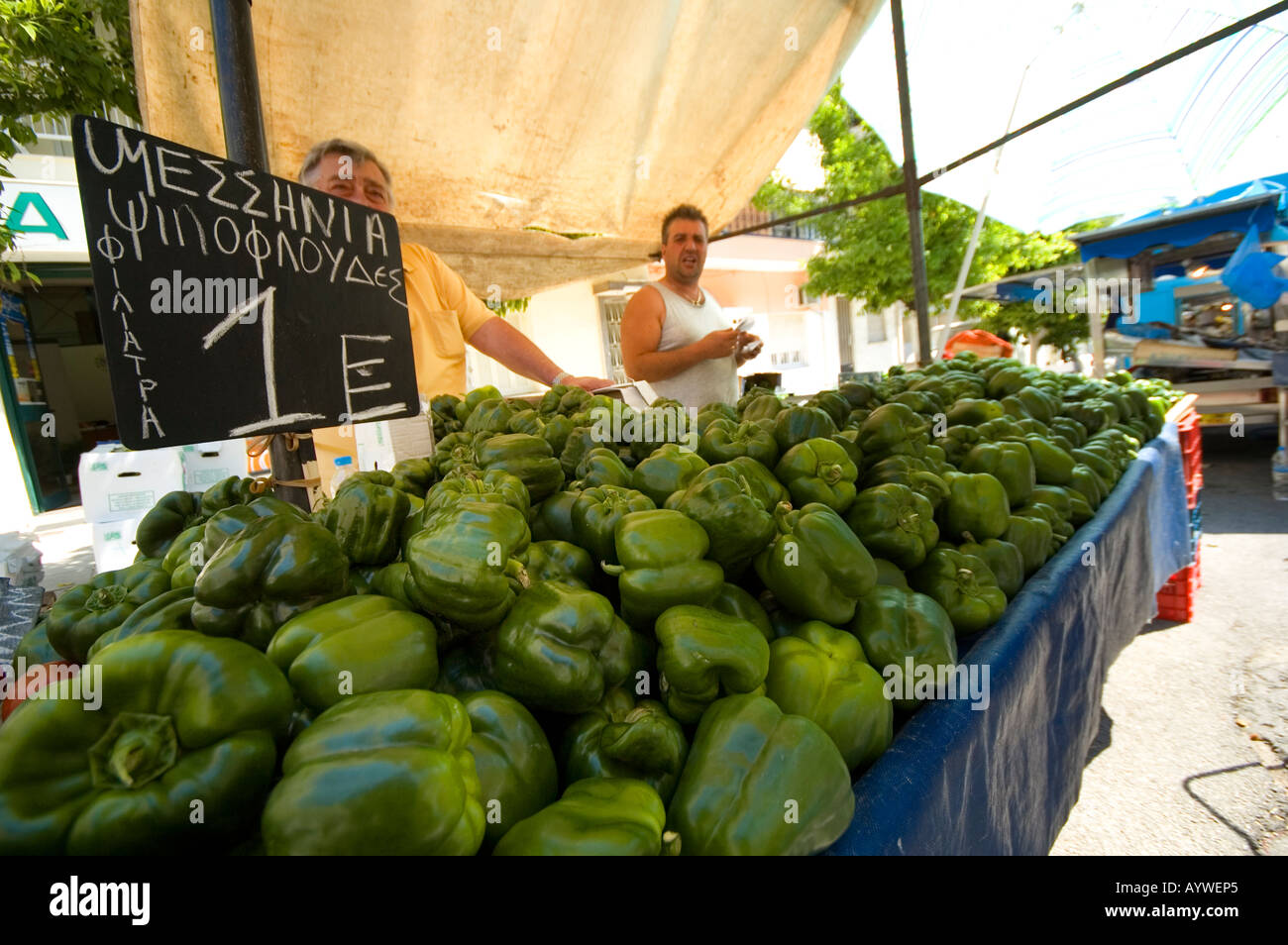 Green Pepper Seller, Greek Local Market Stall Trader, Piraeus Market ...