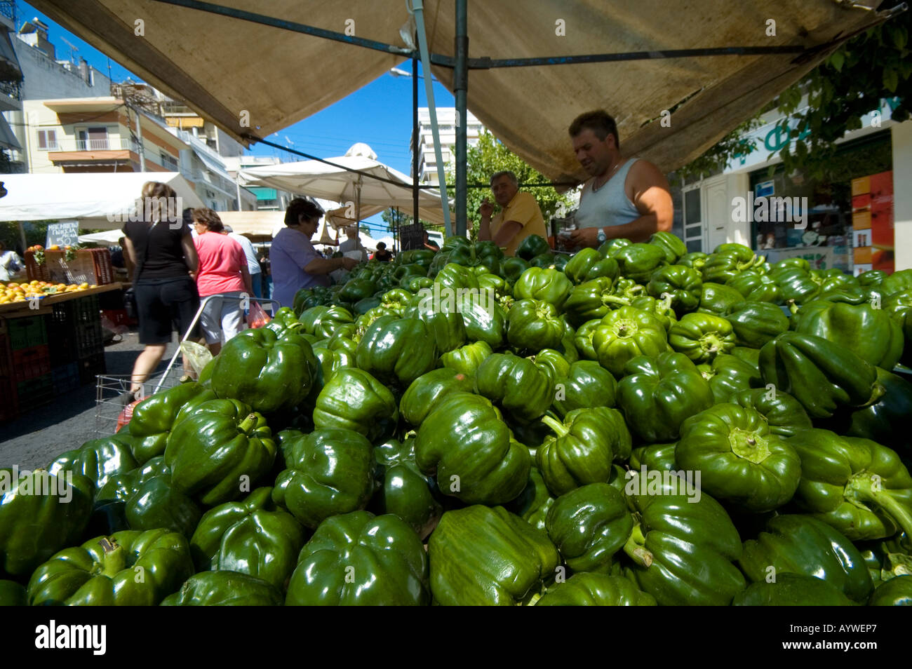 Green Pepper Seller, Greek Local Market Stall Trader, Piraeus Market ...