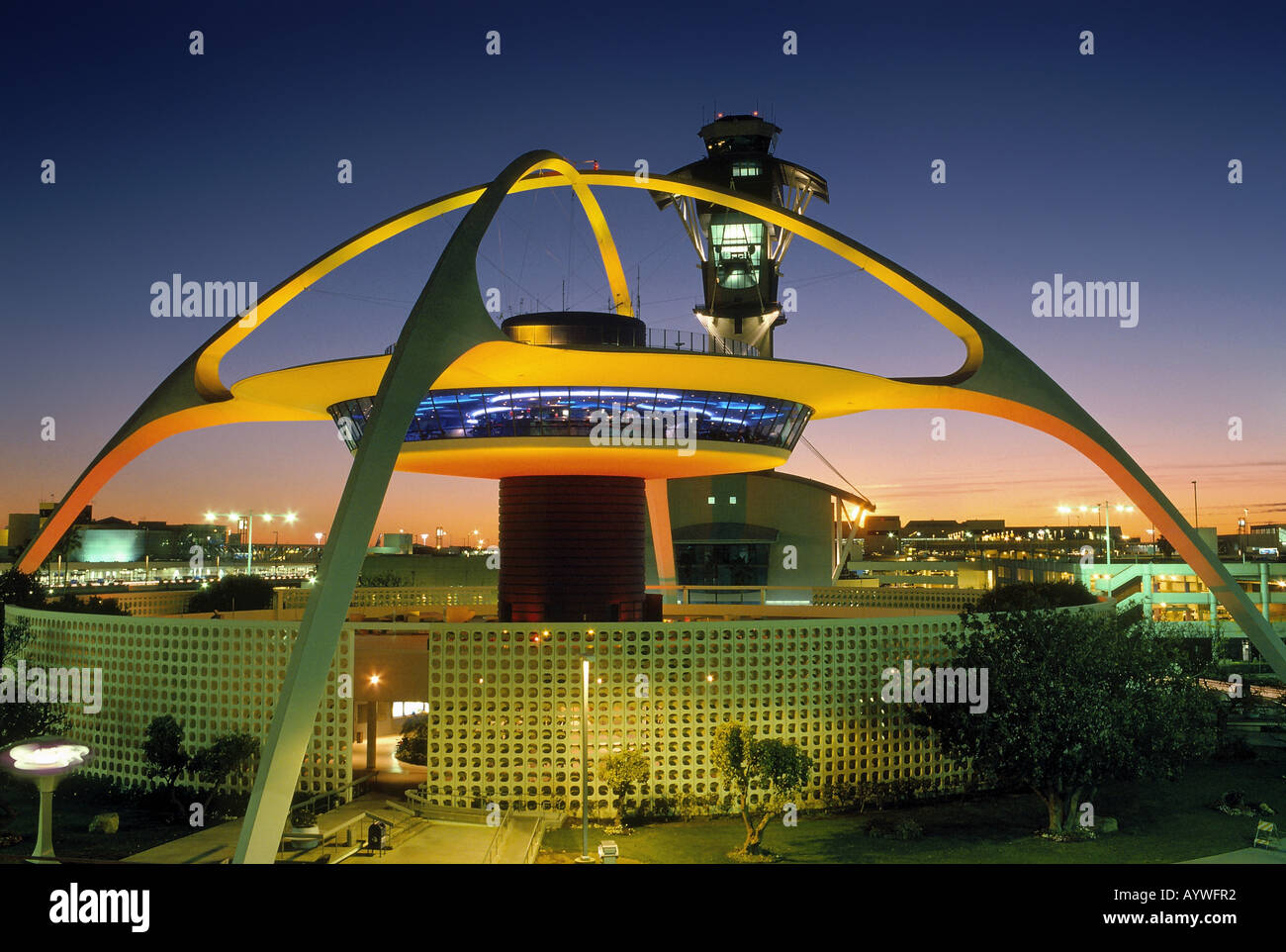 The Theme Building at LAX with the Flight Control Tower behind seen at ...