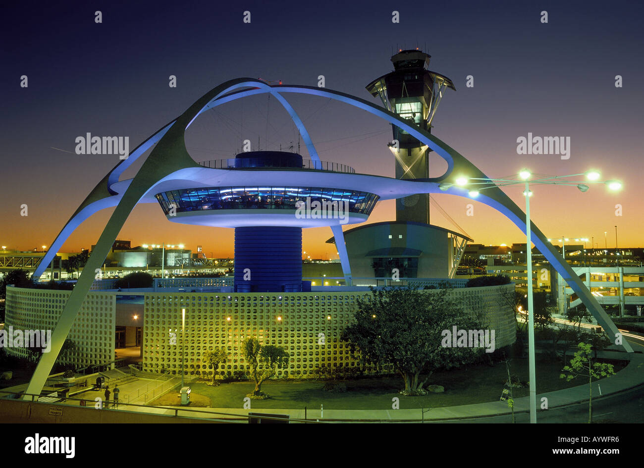 The Theme Building at LAX with the Flight Control Tower behind seen at ...