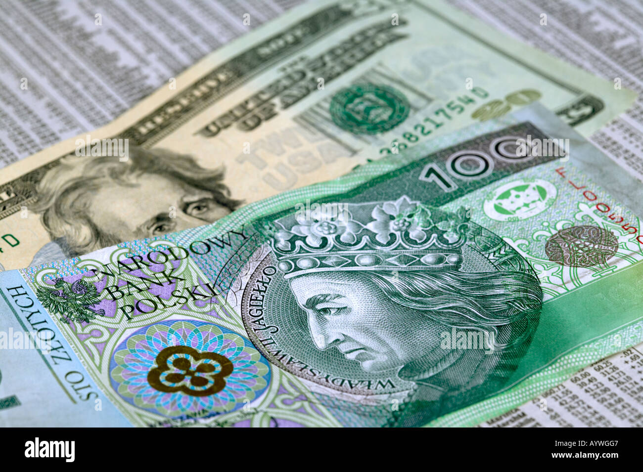 Poland Polish Zloty Currency with United States of America Dollar Bill ...
