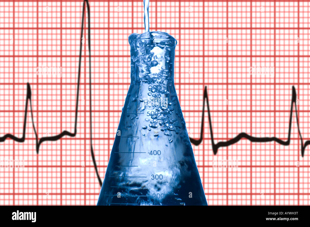 Erlenmeyer beaker with liquid and EKG background flask Stock Photo - Alamy