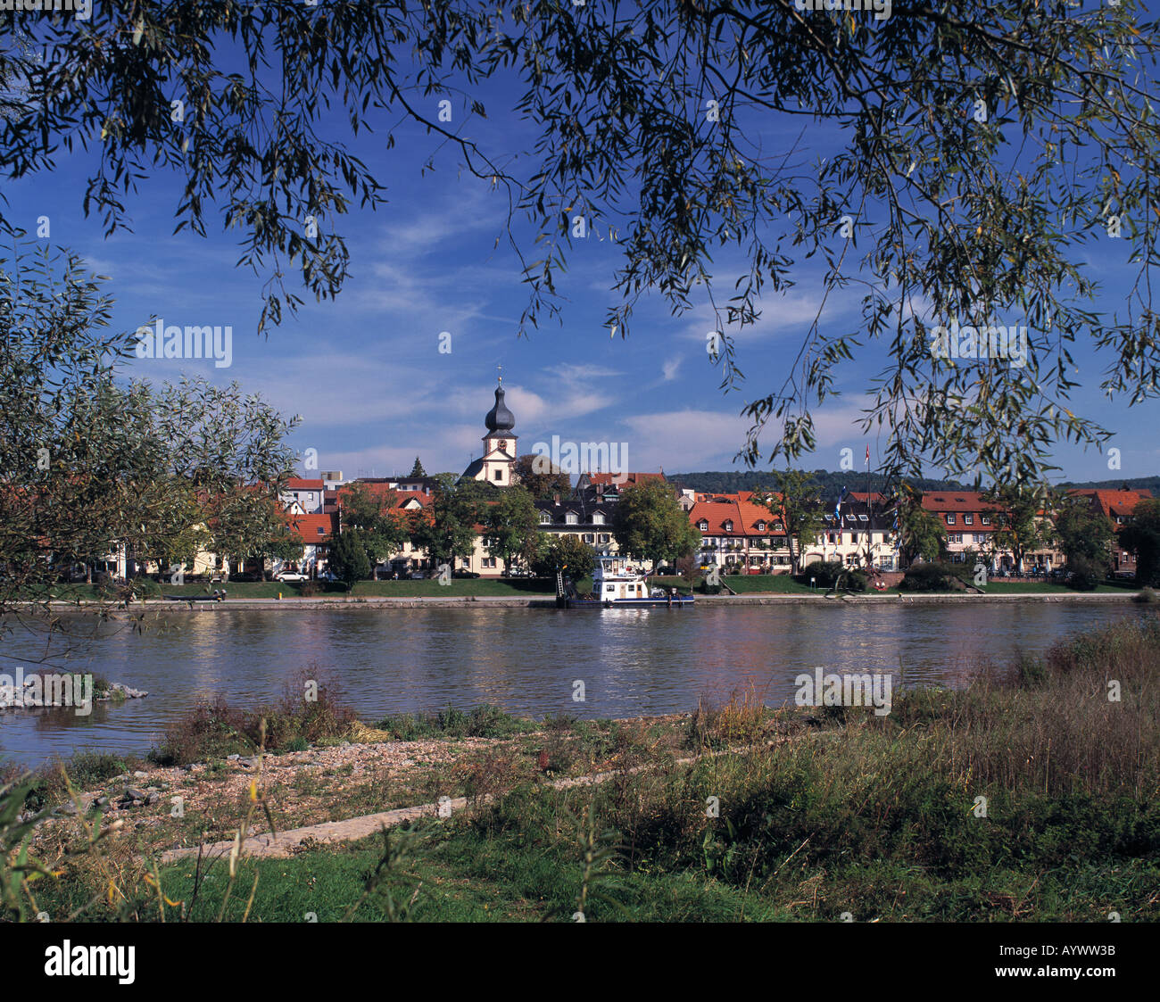 Stadtpanorama mit St. Laurentius-Kirche und Mainuferpromenade in ...