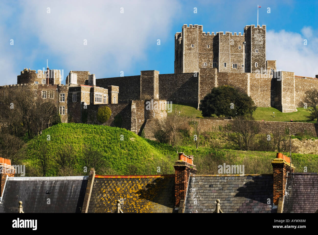 View of Dover Castle, rooftops of residential housing in the foreground ...