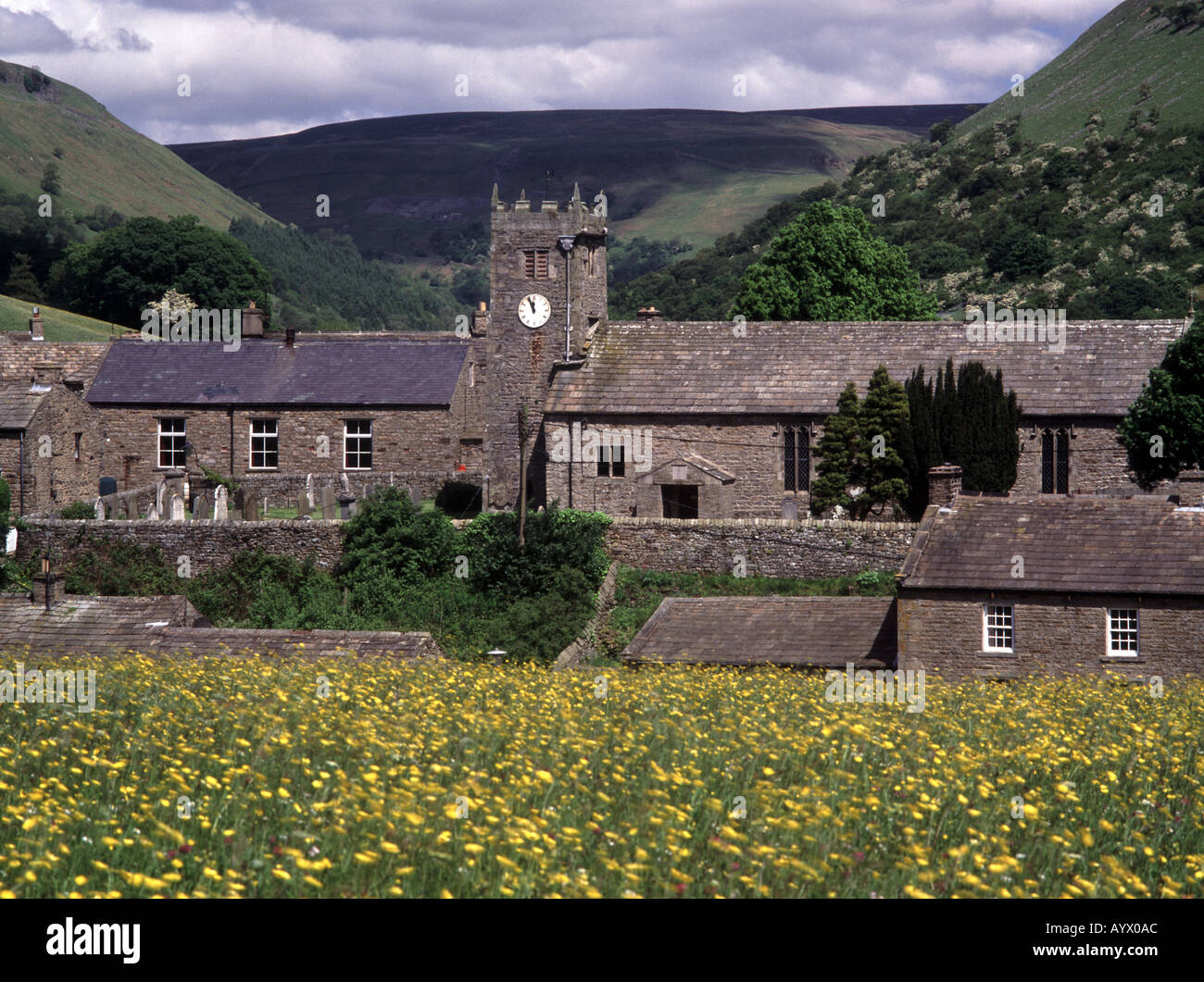 Muker and wild flower meadow in spring Swaledale Yorkshire Dales ...