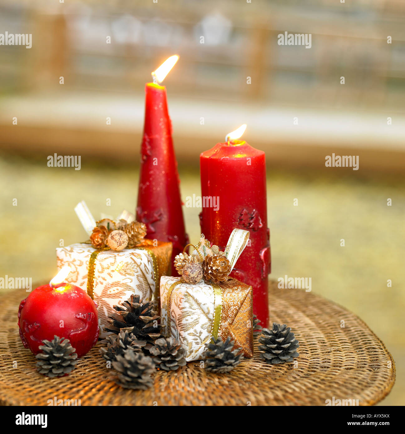 red candle and gift box Stock Photo - Alamy