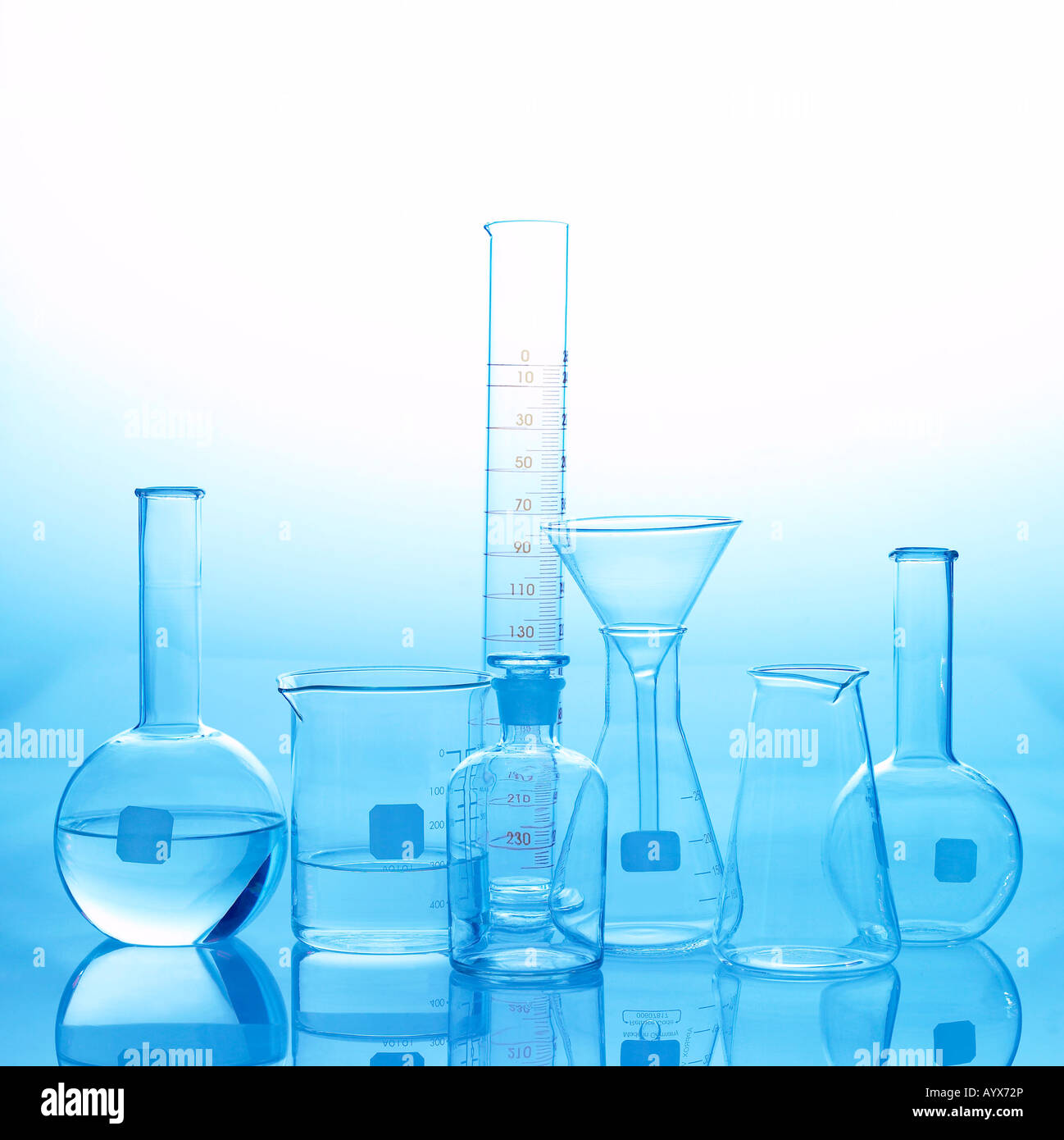 various type of beaker on blue background Stock Photo - Alamy
