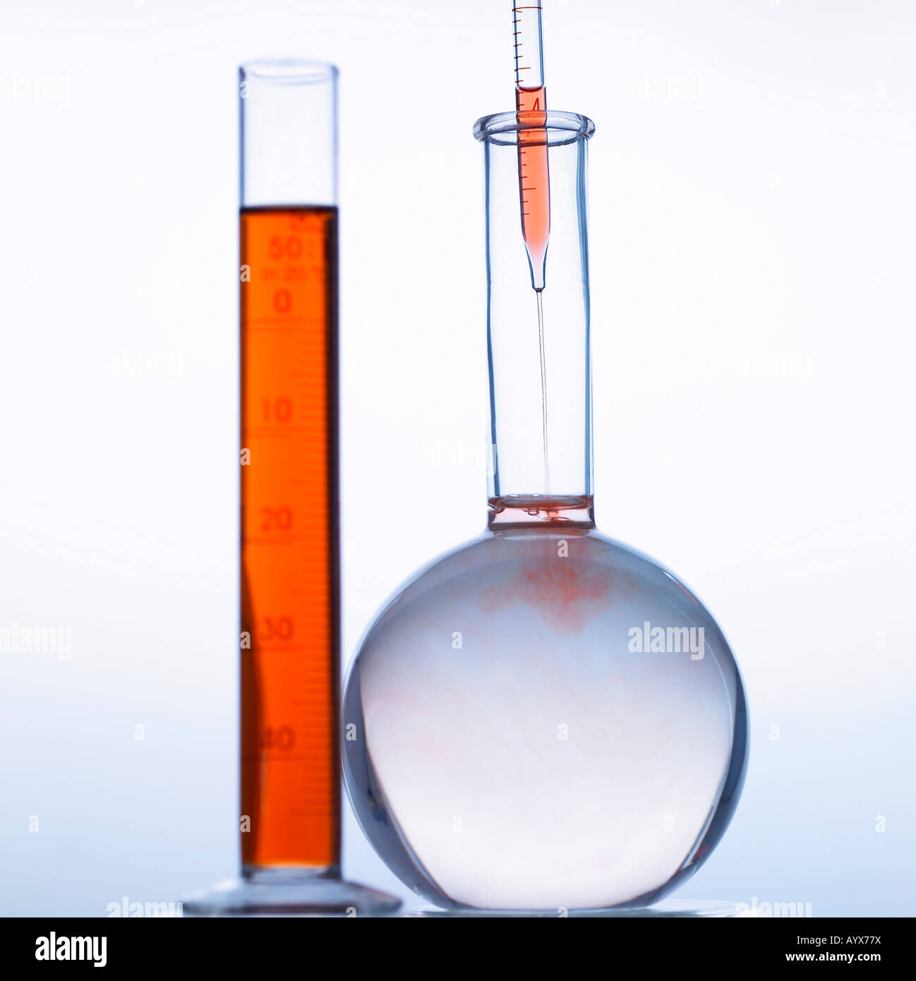 pipet with orange fluid in the flask Stock Photo - Alamy