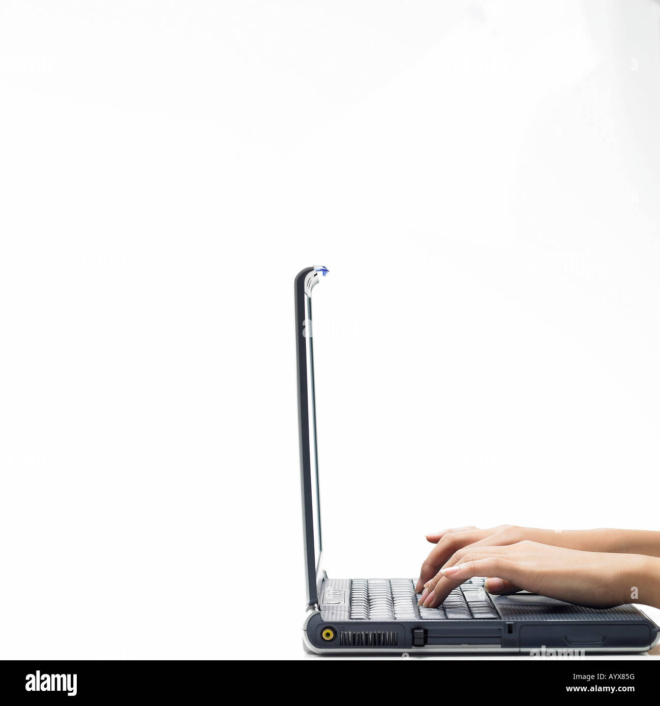 hand typing on notebook on white background Stock Photo - Alamy