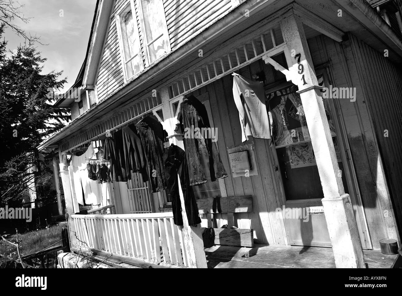 Laundry drying in the sun in front of an old house in the downtown ...