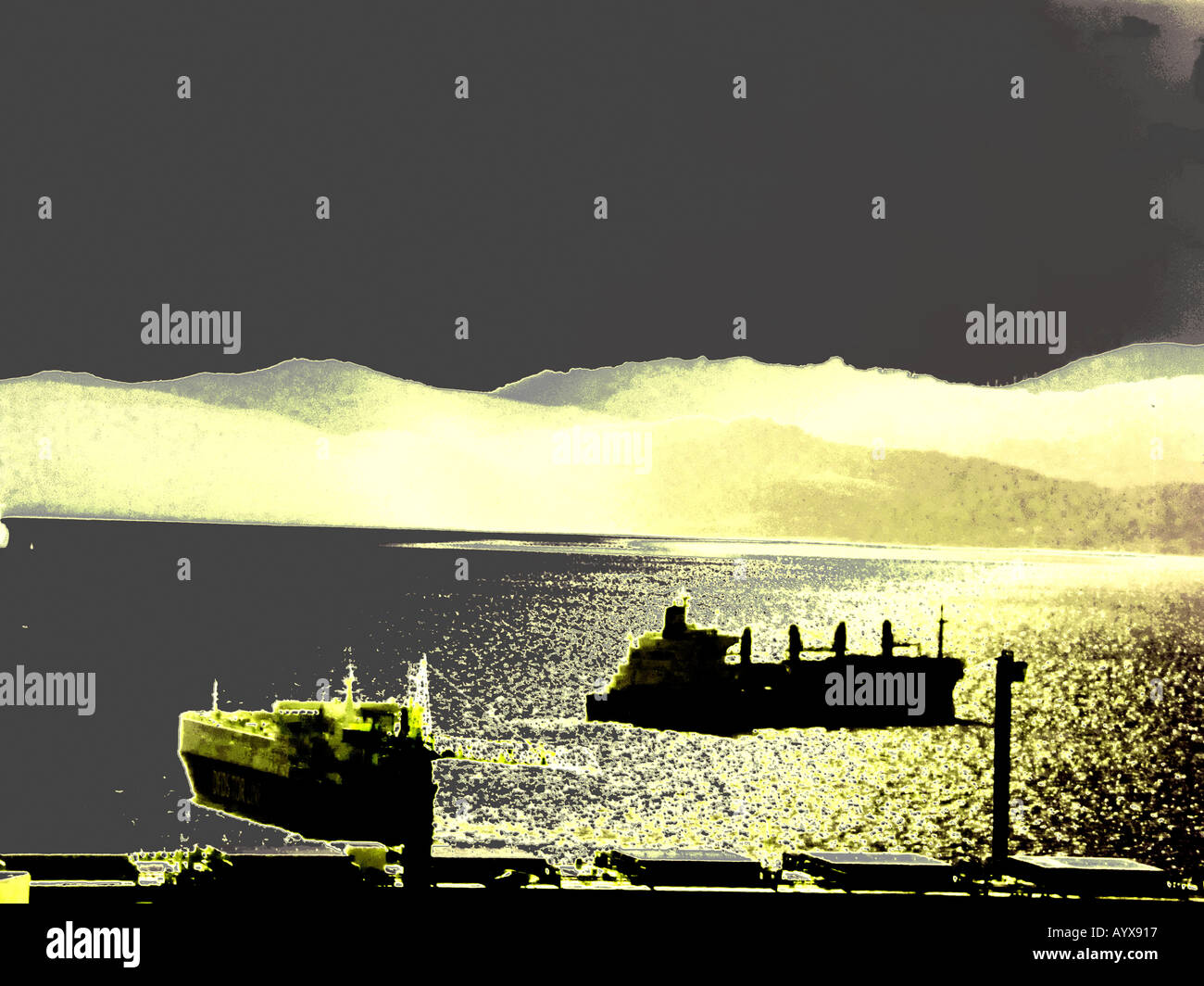 The Bay of Gibraltar in Low Key, freight ship shipping tanker boat ...