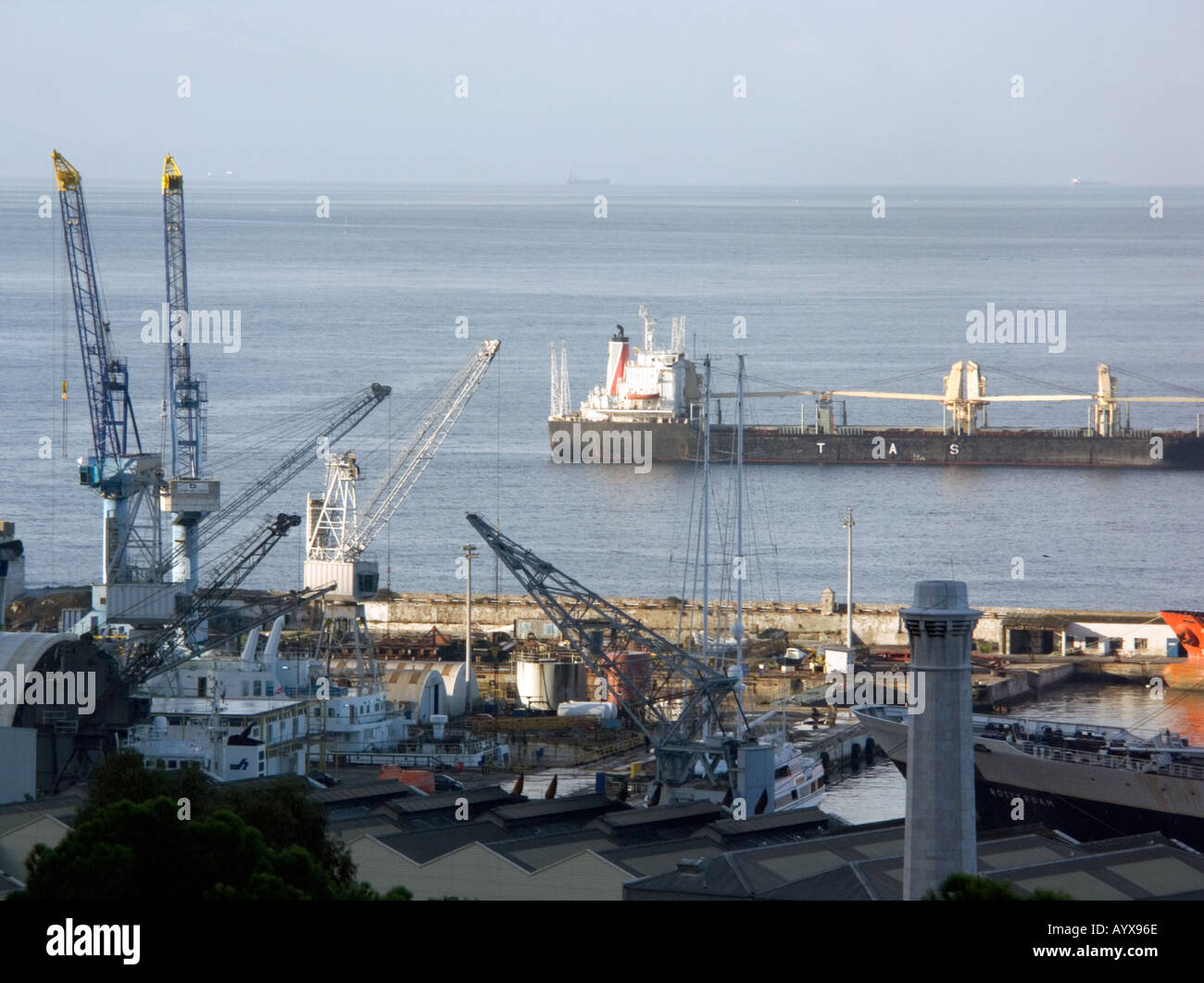Gibraltar Shipyard with Cranes and Tanker Stock Photo - Alamy