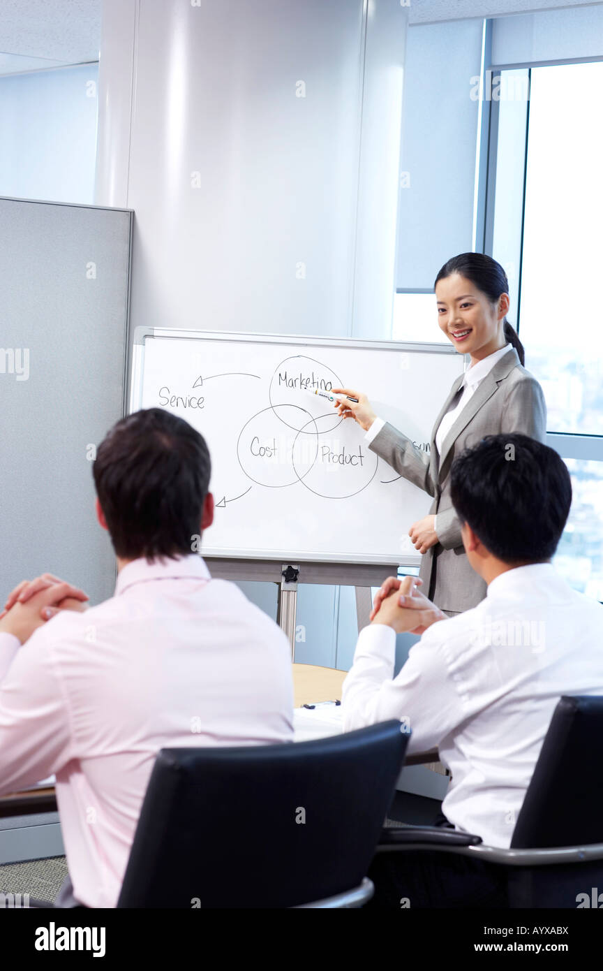 woman explaining document and man listening explanation Stock Photo - Alamy